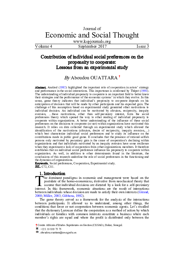 (PDF) Contribution of individual social preferences on the propensity ...