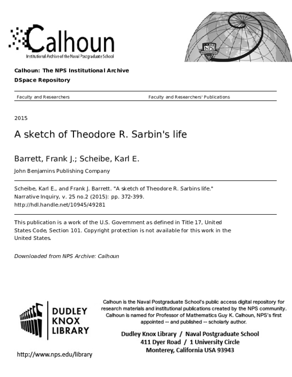 (PDF) A Sketch of Theodore R. Sarbin's Life | Karl Scheibe - Academia.edu