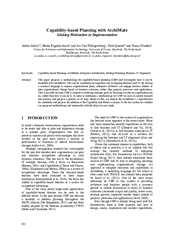 (PDF) Capability-based Planning with ArchiMate - Linking Motivation to Implementation
