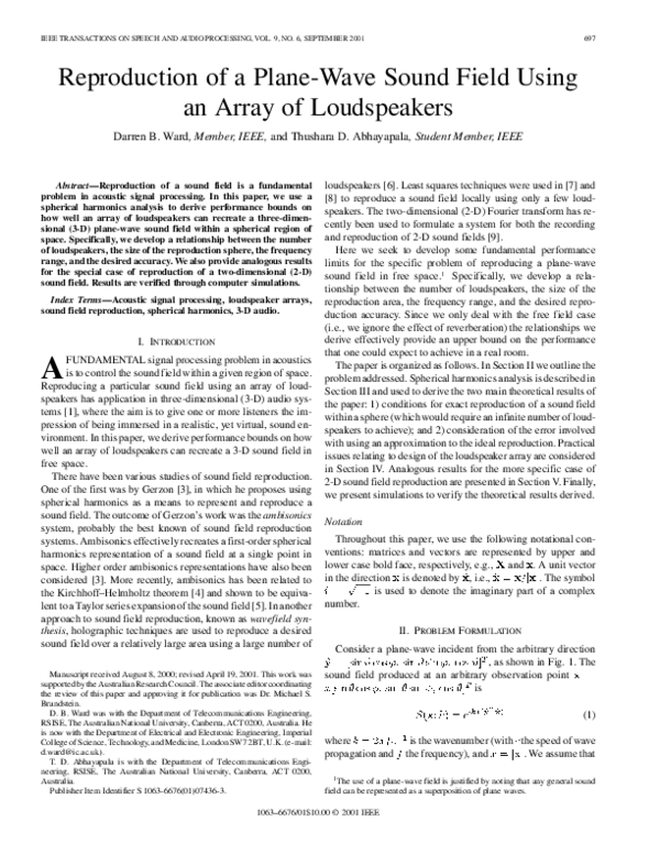 Pdf Reproduction Of A Plane Wave Sound Field Using An Array Of Loudspeakers