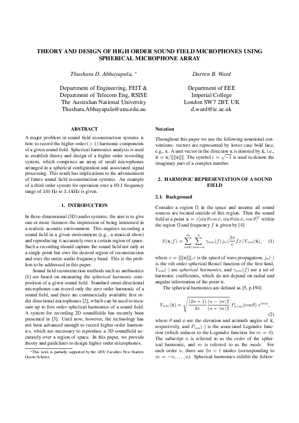 Pdf Theory And Design Of High Order Sound Field Microphones Using Spherical Microphone Array