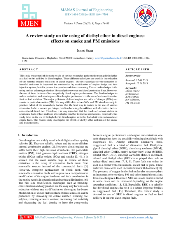 (PDF) A Review Study on the Using of Diethyl Ether in Diesel Engines ...