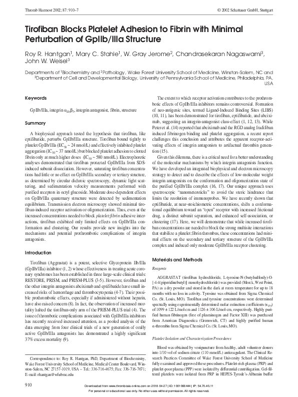(PDF) Tirofiban blocks platelet adhesion to fibrin with minimal ...