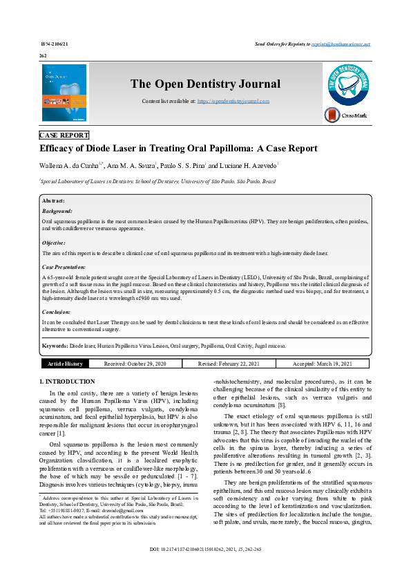 (PDF) Efficacy of Diode Laser in Treating Oral Papilloma: A Case Report