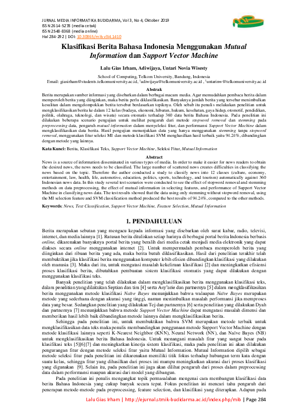 (PDF) Klasifikasi Berita Bahasa Indonesia Menggunakan Mutual Information dan Support Vector Machine