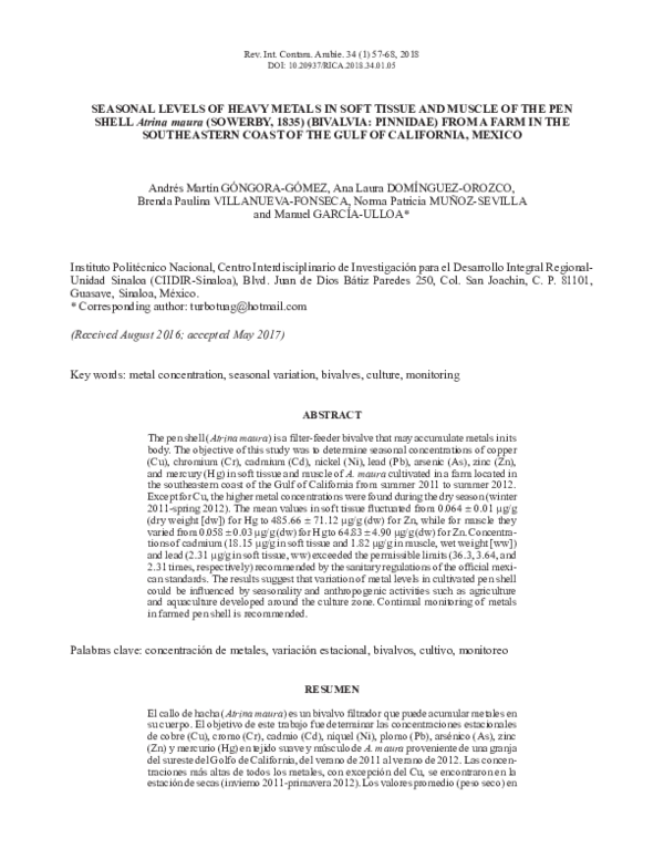 (PDF) SEASONAL LEVELS OF HEAVY METALS IN SOFT TISSUE AND MUSCLE OF THE ...