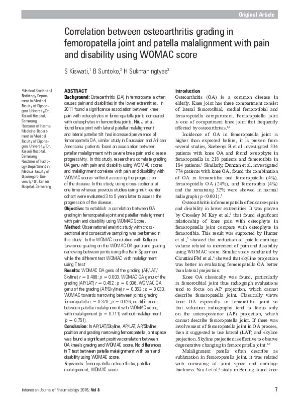 (PDF) Correlation between osteoarthritis grading in femoropatella joint ...
