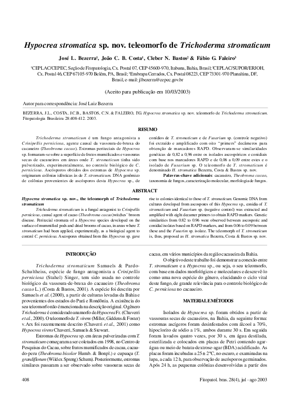 (PDF) Hypocrea stromatica sp. nov. teleomorfo de Trichoderma stromaticum