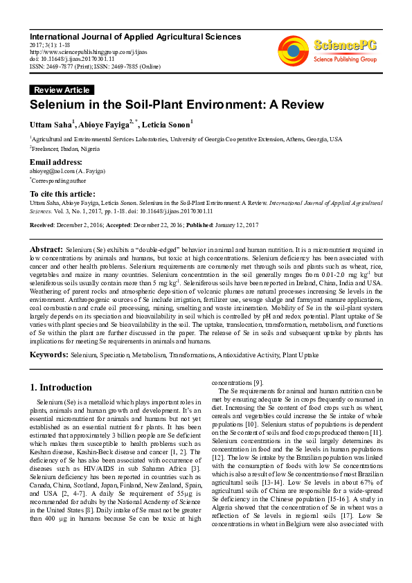 (PDF) Selenium in the Soil-Plant Environment: A Review