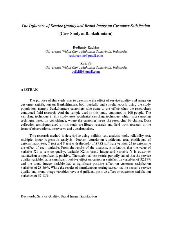(PDF) The Influence of Service Quality and Brand Image on Customer Satisfaction (Case Study at ...
