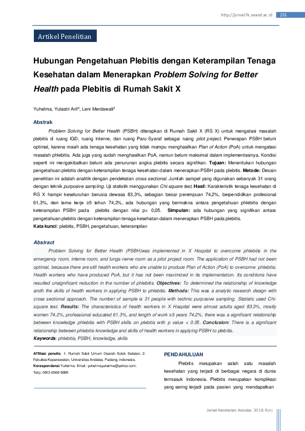 (PDF) Hubungan Pengetahuan Plebitis dengan Keterampilan Tenaga ...