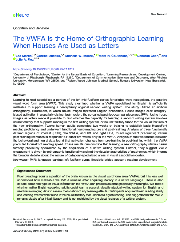 (PDF) The VWFA is the home of orthographic learning when houses are ...