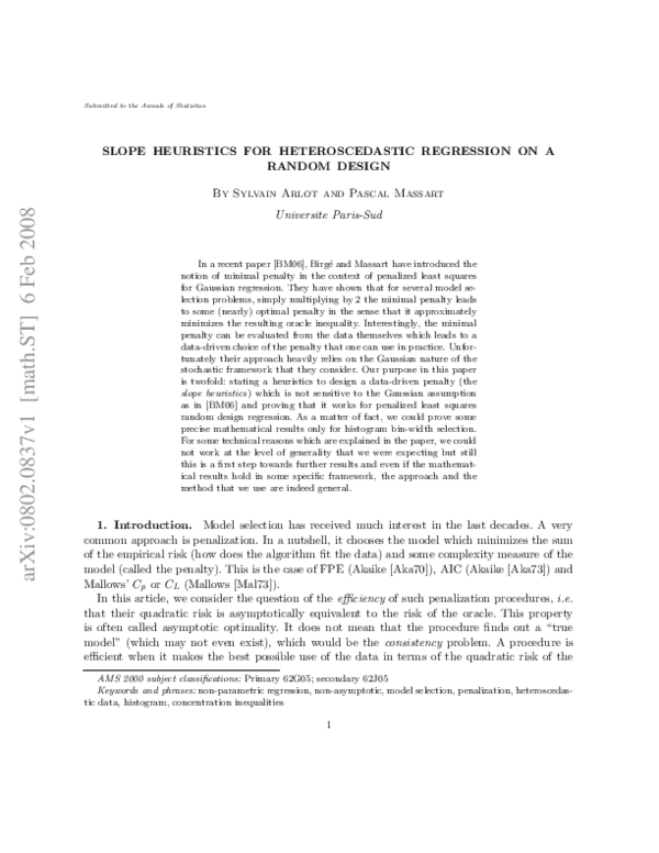 (PDF) Slope heuristics for heteroscedastic regression on a random design | Pascal Massart ...