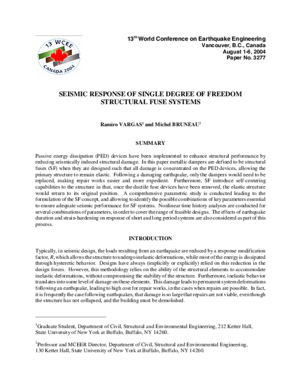 (PDF) Seismic Response of Single Degree of Freedom Structural Fuse Systems