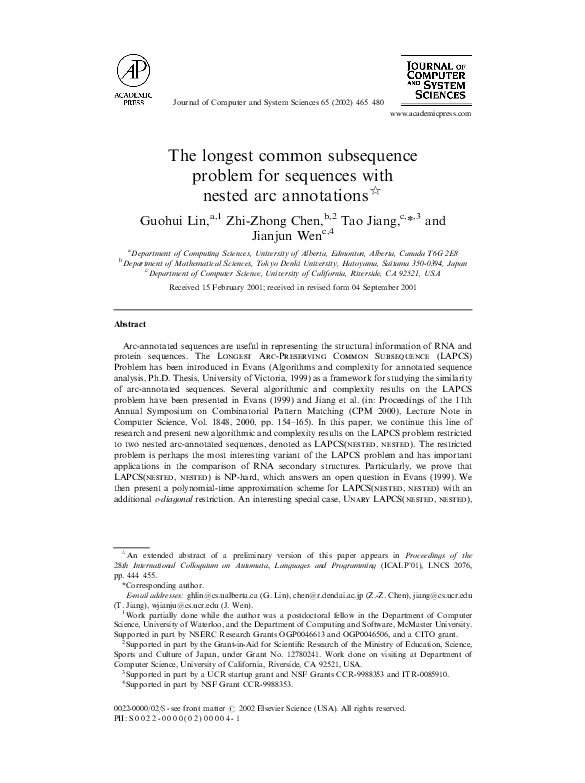 (PDF) The longest common subsequence problem for sequences with nested arc annotations