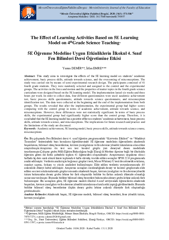 (PDF) The Effect of Learning Activities Based on 5E Learning Model on 4th Grade Science Teaching