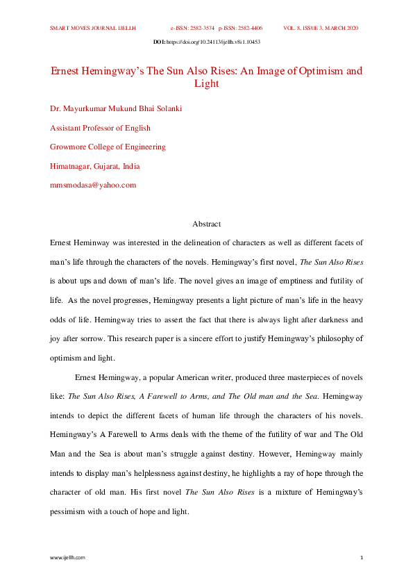 (PDF) Ernest Hemingway’s The Sun Also Rises: An Image of Optimism and Light