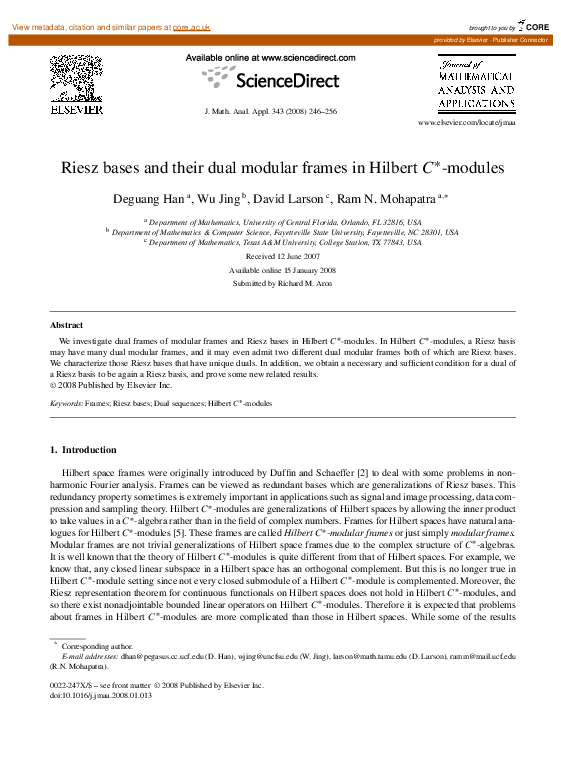 (PDF) Riesz bases and their dual modular frames in Hilbert -modules | Ram N Mohapatra - Academia.edu