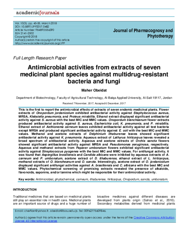 (PDF) Antimicrobial activities from extracts of seven medicinal plant ...