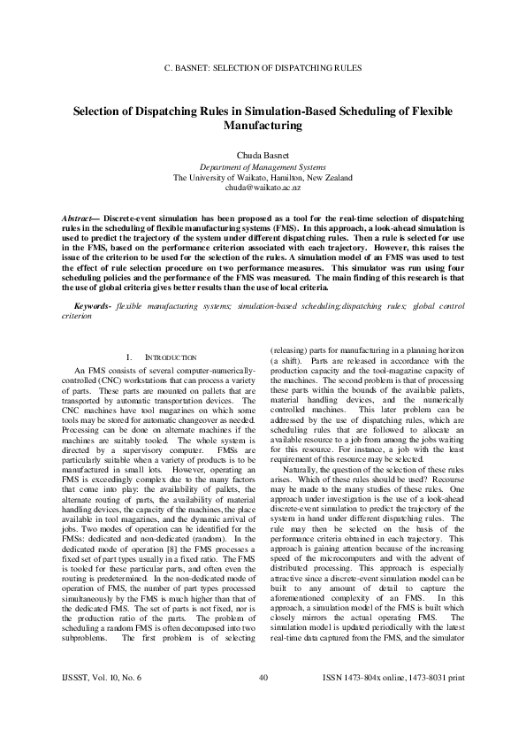 (PDF) Selection of dispatching rules in simulation-based scheduling of flexible manufacturing
