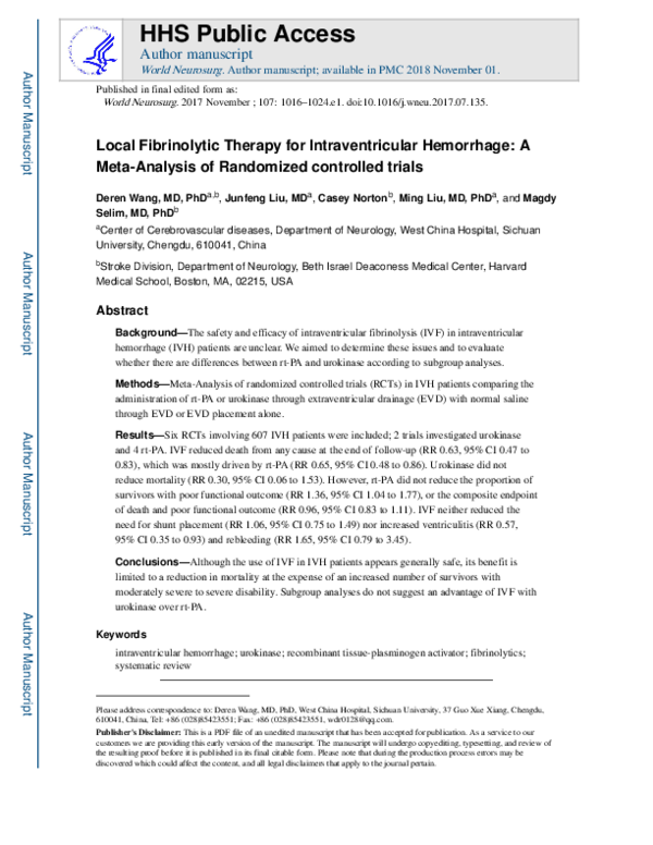 (PDF) Local Fibrinolytic Therapy for Intraventricular Hemorrhage: A ...