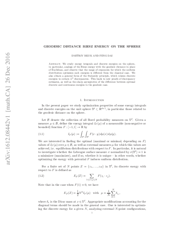 (PDF) Geodesic distance Riesz energy on the sphere