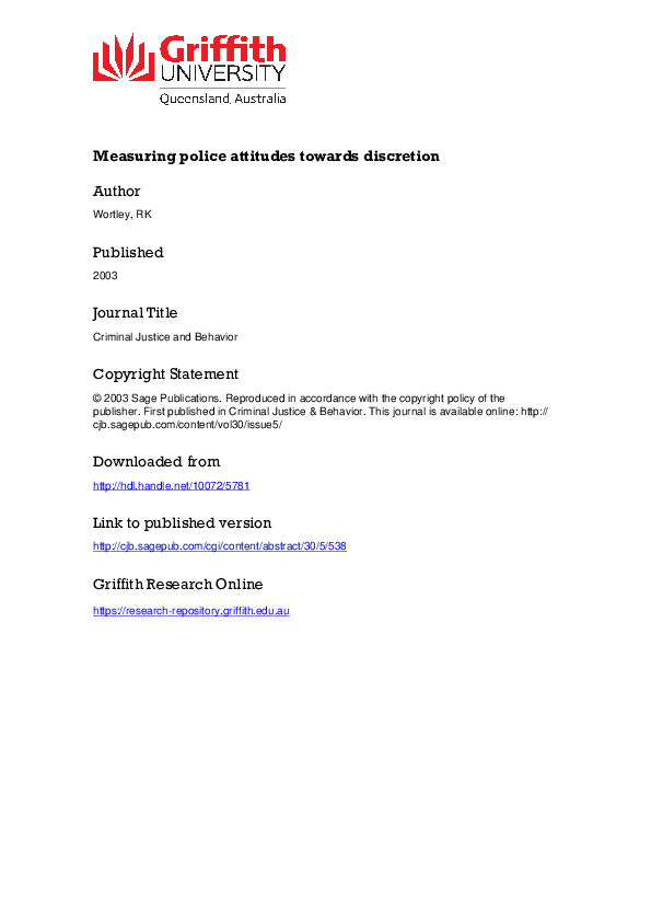 (PDF) POLICE DISCRETION Measuring Police Attitudes Towards Discretion