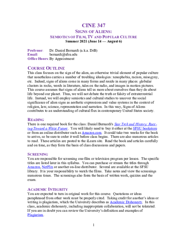 (PDF) Syllabus: "Signs of Aliens: Semiotics of Film and Popular Culture"
