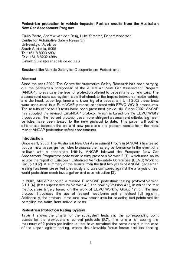 (PDF) Pedestrian protection in vehicle impacts: further results from ...