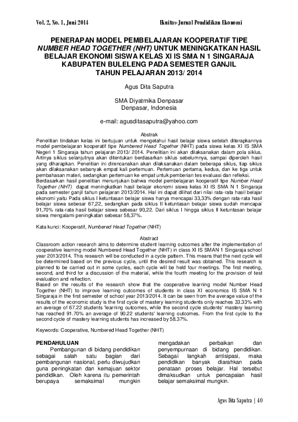 (PDF) Penerapan Model Pembelajaran Kooperatif Tipe Number Head Together (NHT) untuk Meningkatkan ...