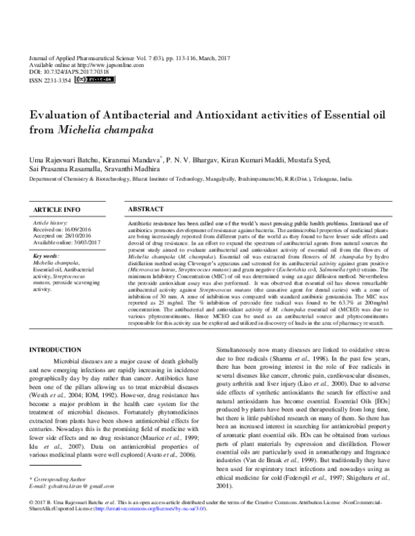 Pdf Antibacterial And Antioxidant Activities Of M Champaka