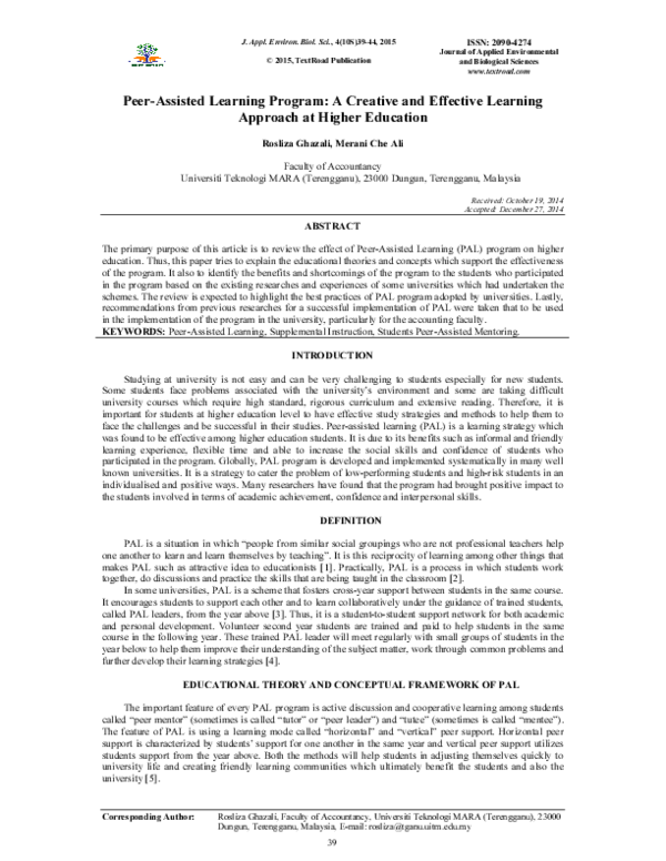 (PDF) Peer-Assisted Learning Program: A Creative and Effective Learning Approach at Higher Education