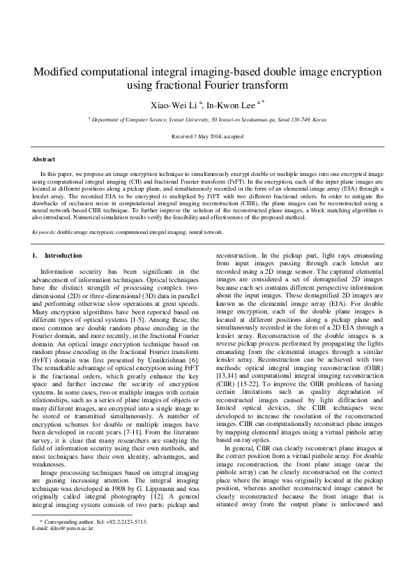 Pdf Double Image Encryption Using Integral Imaging And Frft