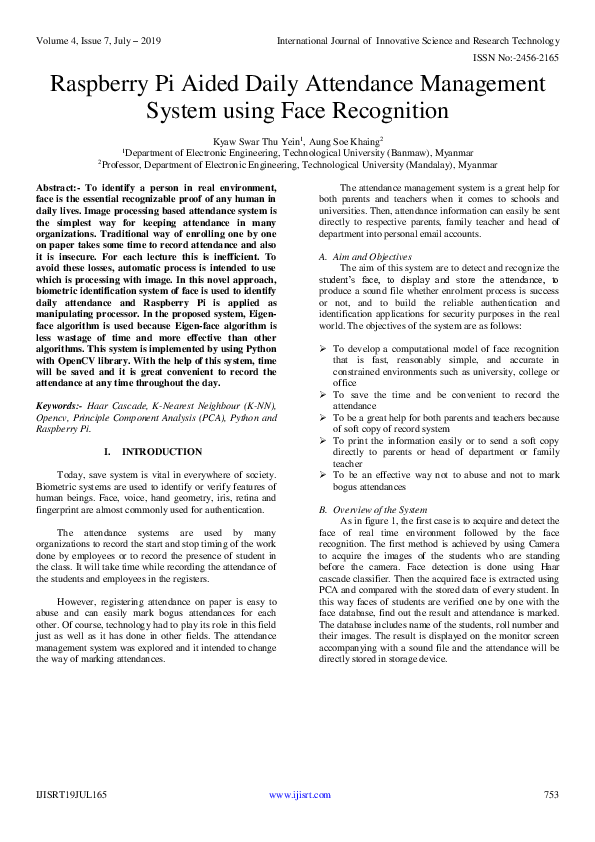 (PDF) Raspberry Pi Aided Daily Attendance Management System using Face ...