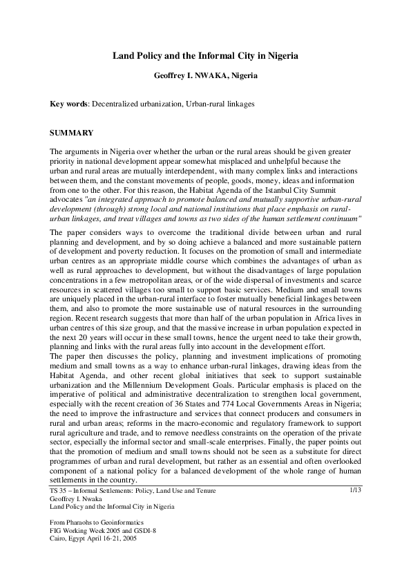 (PDF) TS 35 – Informal Settlements: Policy, Land Use and Tenure