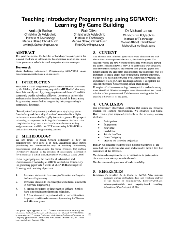 (PDF) Teaching Introductory Programming using SCRATCH: Learning By Game Building