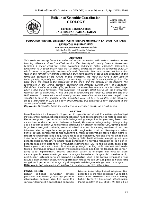 (PDF) Pengaruh Parameter Sementasi M Pada Perhitungan Saturasi Air Pada ...