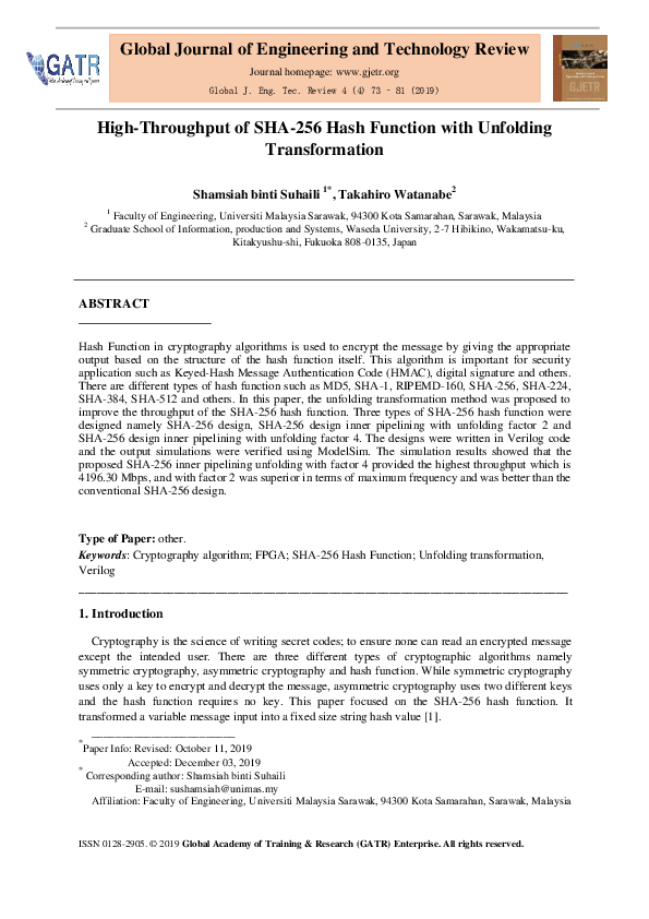 Pdf High Throughput Of Sha 256 Hash Function With Unfolding Transformation 7541