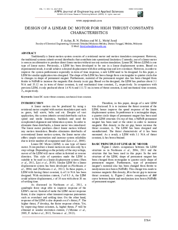 (PDF) Design Of A Linear DC Motor For High Thrust Constants Characteristics