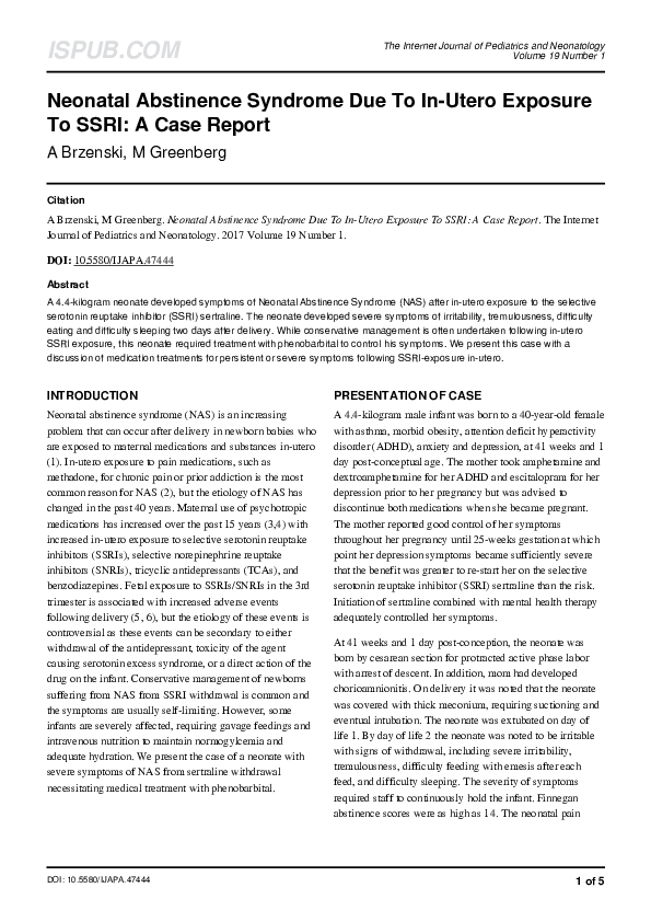 (PDF) Neonatal Abstinence Syndrome Due To In-Utero Exposure To SSRI: A ...