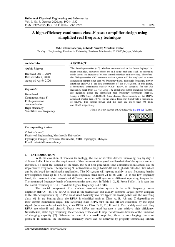 Pdf A High Efficiency Continuous Class F Power Amplifier Design Using