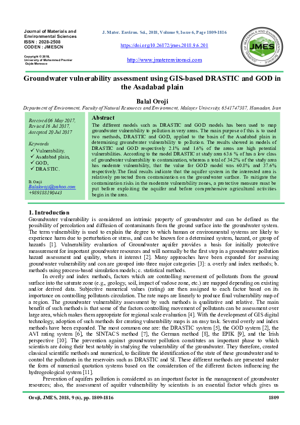 Pdf Groundwater Vulnerability Assessment Using Gis Based Drastic And God In The Asadabad Plain