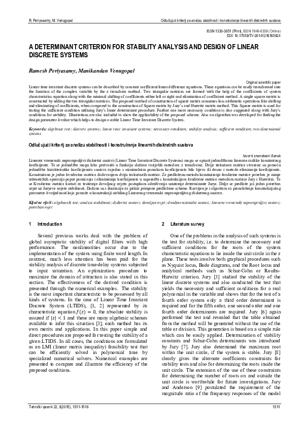 (PDF) A determinant criterion for stability analysis and design of linear discrete systems