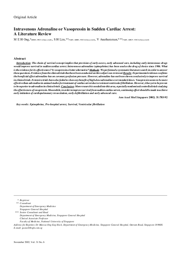 (PDF) Intravenous adrenaline or vasopressin in sudden cardiac arrest: a literature review