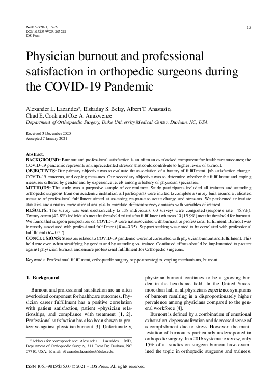 (PDF) Physician burnout and professional satisfaction in orthopedic ...