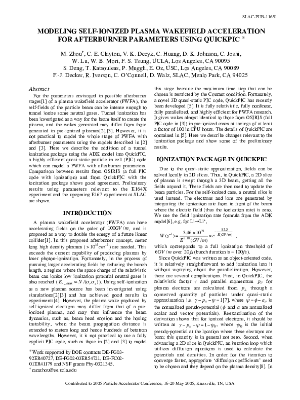 (PDF) Modeling Self-Ionized Plasma Wakefield Acceleration for Afterburner Parameters Using QuickPIC