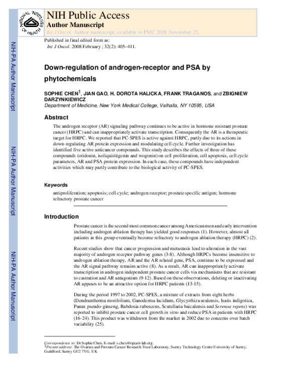 (PDF) Down-regulation of androgen-receptor and PSA by phytochemicals