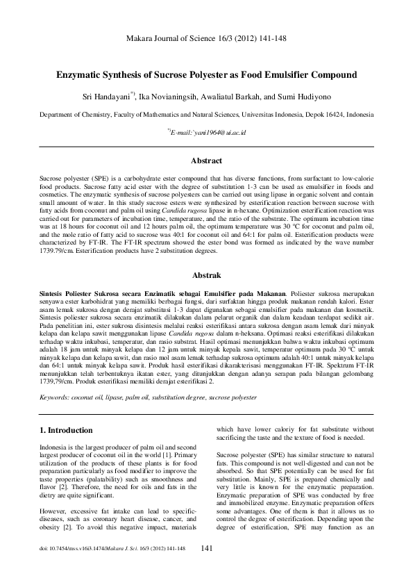 (PDF) Enzymatic Synthesis of Sucrose Polyester as Food Emulsifier Compound