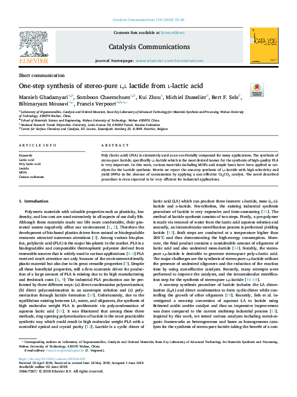 (PDF) One-step synthesis of stereo-pure l , l lactide from l -lactic acid