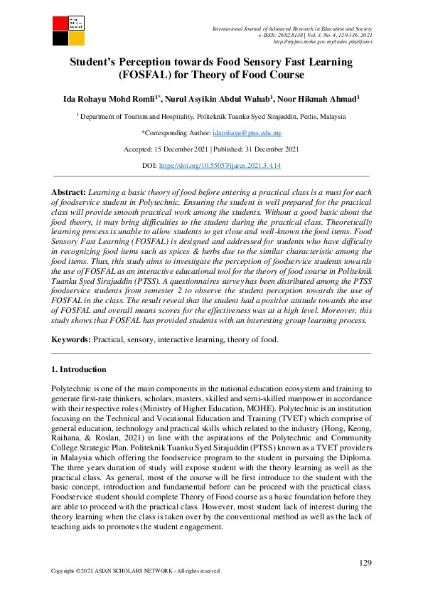 (PDF) Student's Perception towards Food Sensory Fast Learning (FOSFAL ...
